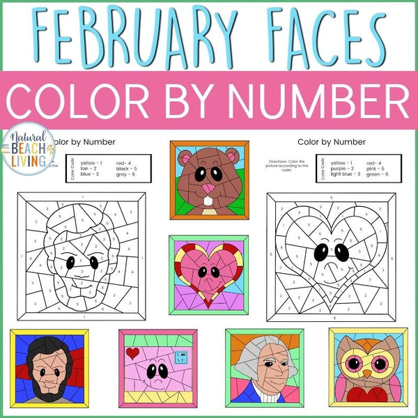 February Theme Color by Number Worksheets – shop natural beach living